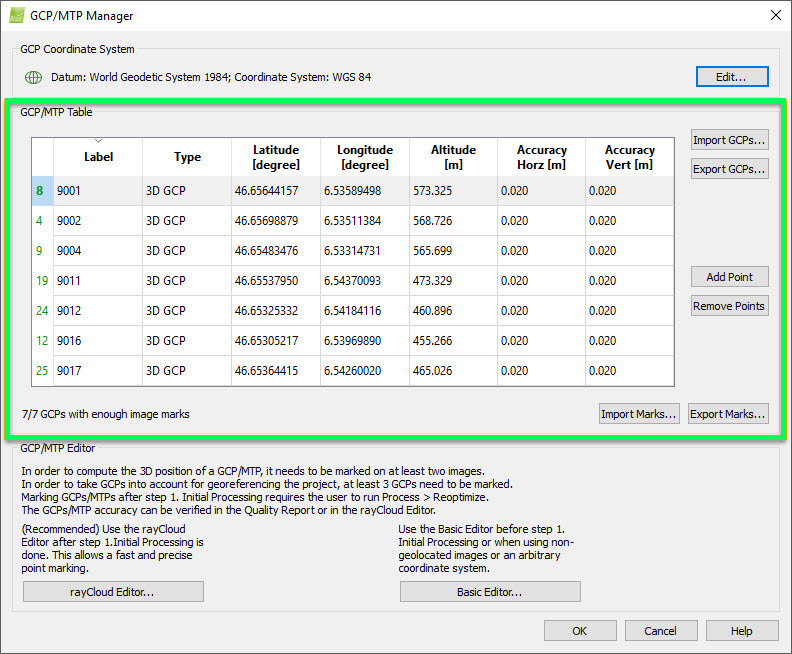 Menu Project > GCP / MTP Manager... > GCP / MTP Table - PIX4Dmapper
